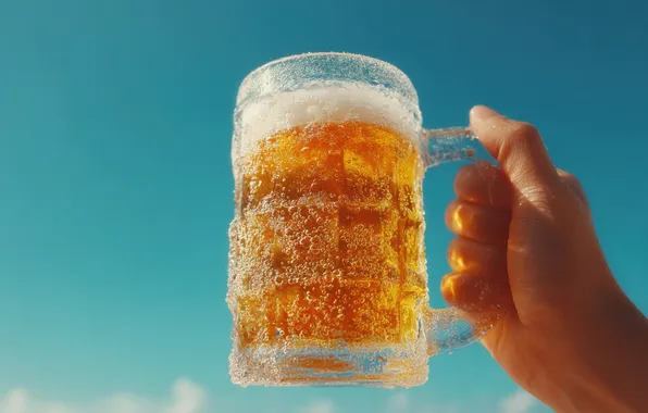 Wallpaper the sky, glass, light, blue, beer, hands, mug, foam for ...