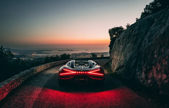 Download wallpaper Bugatti, sky, hypercar, rear view, W16 Mistral ...