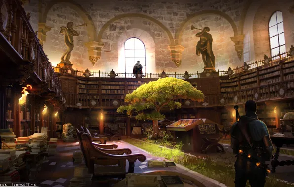 Wallpaper tree, people, books, library, statues, Shackles Kings ...