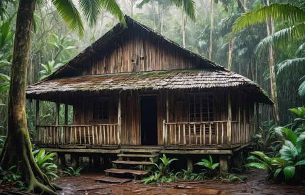 Download wallpaper rain, hut, jugnle, section ai art in resolution ...