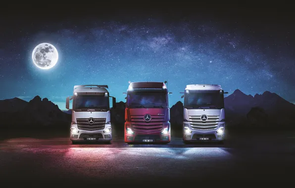 Download wallpaper moon, mercedes benz, night, actros, section trucks ...