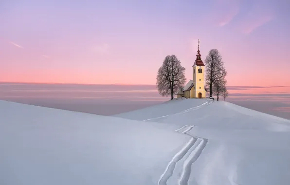 Wallpaper sunset, church, Last snow for mobile and desktop, section ...
