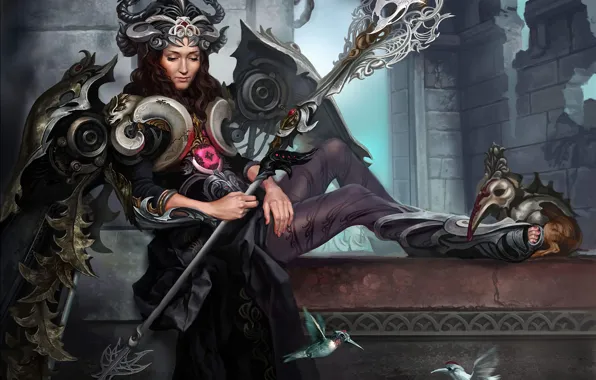 Wallpaper girl, birds, wings, armor, crown, Hummingbird, staff, Art ...