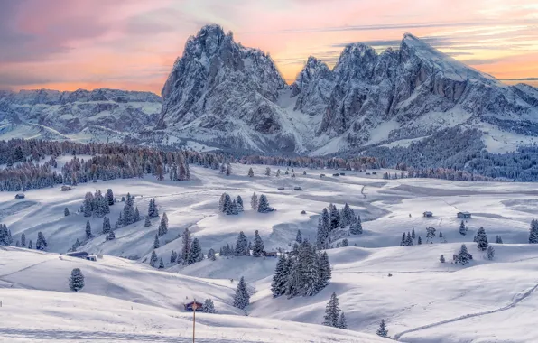 Wallpaper winter, snow, trees, sunset, mountains, Italy, Trentino-Alto ...