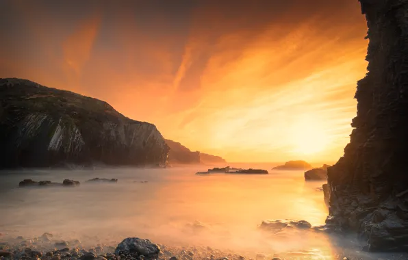 Wallpaper sea, the sky, the sun, clouds, light, orange, fog, pebbles ...