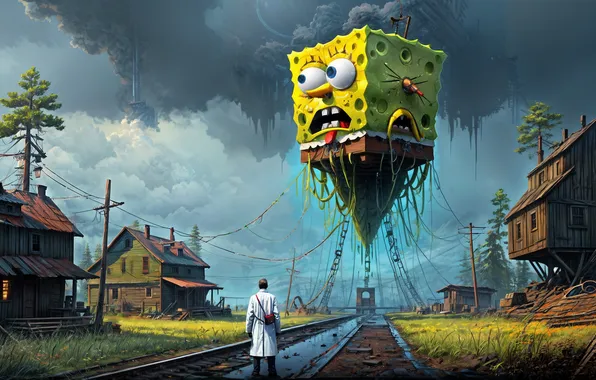 Wallpaper clouds, the city, spongebob, scientist, horror, Spongebob ...