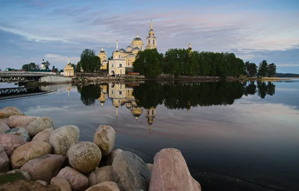 Wallpaper landscape, bridge, lake, reflection, stones, the monastery ...