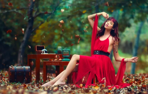 Download Wallpaper Leaves Girl Trees Pose Park Model Portrait