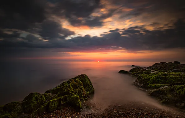 Wallpaper sea, the sky, the sun, stones, dawn, coast, horizon, Ireland ...