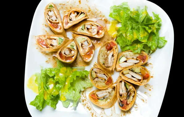 Wallpaper squirt, chicken, cucumber, pancakes, tomato, sauce, salad ...