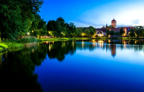 Wallpaper the sky, water, trees, lights, lake, reflection, shore, watch ...