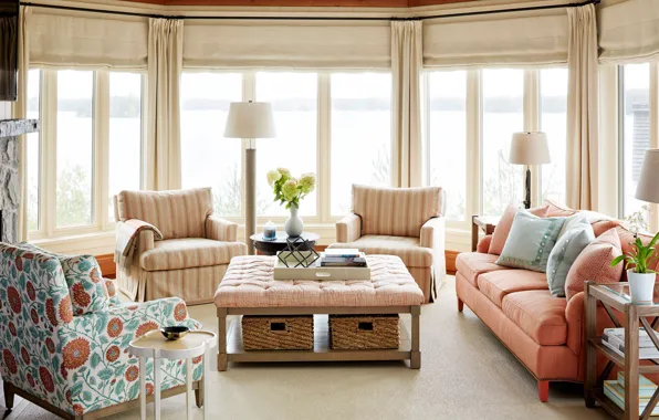 Wallpaper room, interior, living room, overlooking Lake Joseph for ...