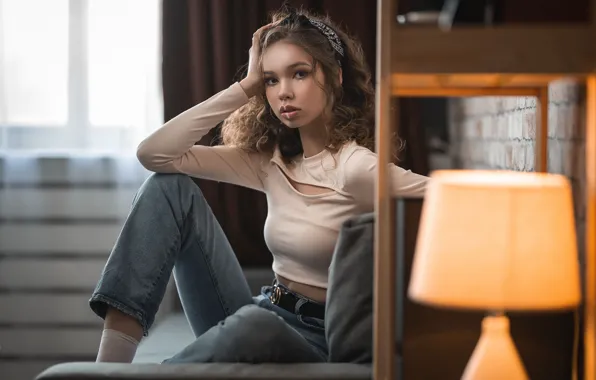 Wallpaper look, girl, pose, jeans, makeup, brown hair, curls, longsleve ...