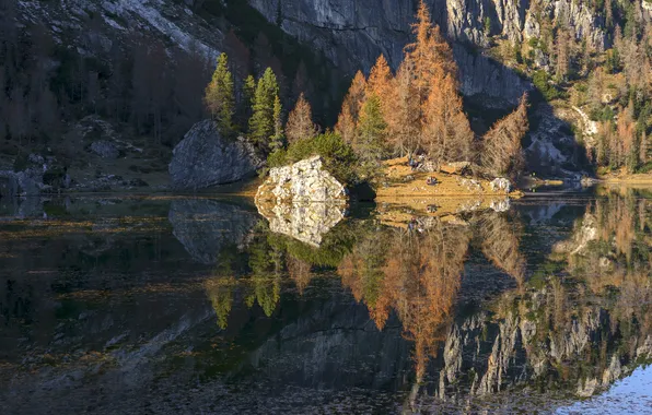 Wallpaper rock, trees, water, reflection for mobile and desktop ...