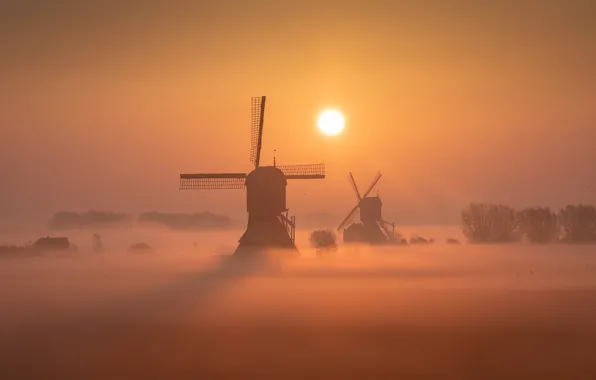 Wallpaper fog, mill, blades, photographer Sven Broeckx, Netherlands ...