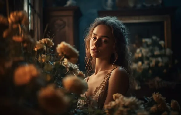 Download wallpaper look, girl, light, flowers, face, room, portrait, wardrobe, section ai art in ...