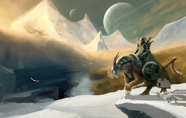 Wallpaper snow, mountains, birds, river, weapons, planet, sword, armor ...