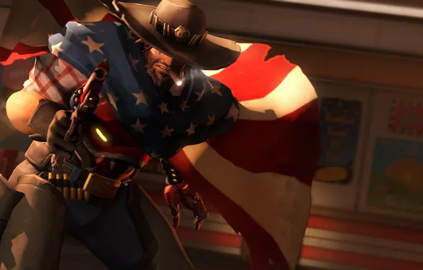 Wallpaper rendering, hat, flag, cigar, revolver, Overwatch, McCree ...