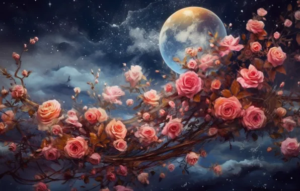 Wallpaper the sky, space, clouds, flowers, night, branches, the moon ...