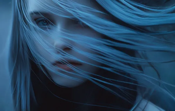 Wallpaper girl, long hair, blue background for mobile and desktop ...