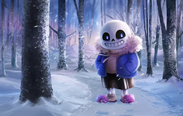 Download wallpaper winter, forest, the game, art, skeleton, Undertale ...
