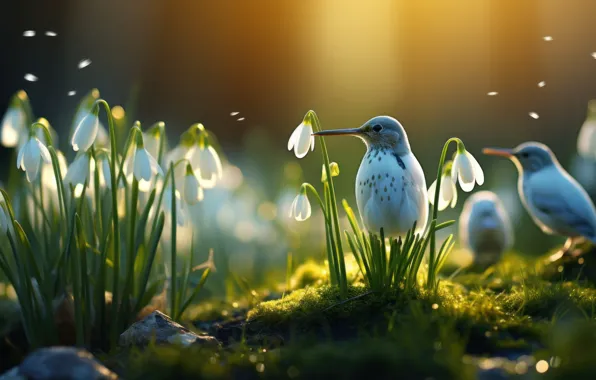 Wallpaper flowers, birds, nature, bird, glade, spring, snowdrops, white ...