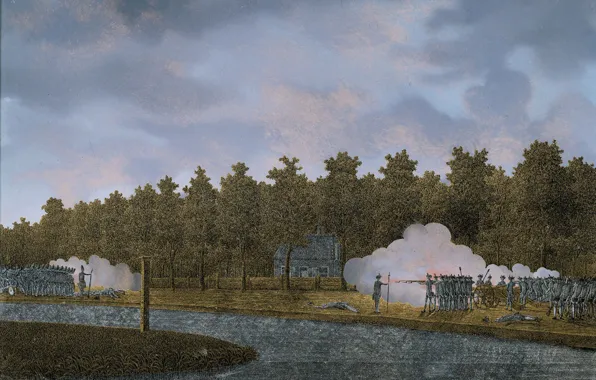 Wallpaper gold, silver, painting on glass, Jonas Zeuner, 1788, Skirmish ...