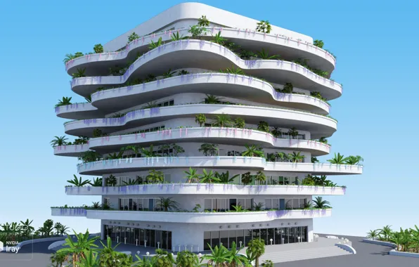 Wallpaper design, palm trees, building, architecture, Eco Building for ...