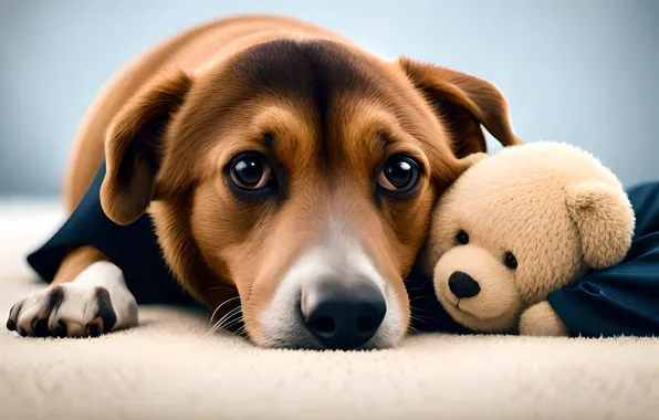Wallpaper look, pose, together, toy, dog, bear, lies, bear for mobile and desktop, section ии ...
