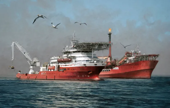 Wallpaper sea, the sky, birds, The ship, used by divers, HARKAND ...