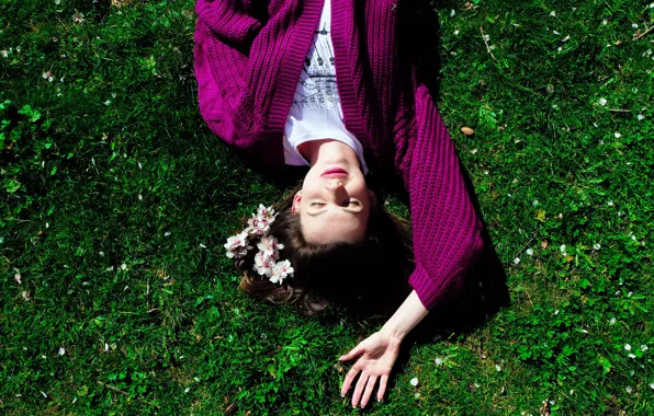 Wallpaper summer, grass, girl, flowers, face, jacket, Alex Chernenko ...