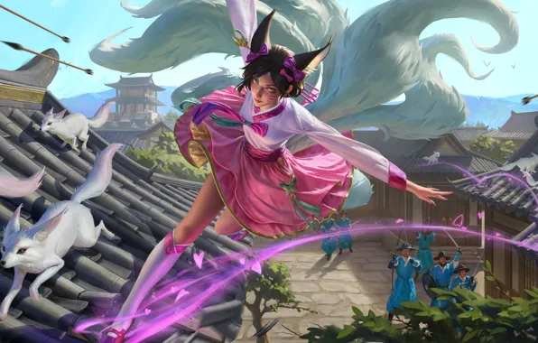 Wallpaper hearts, knee, arrows, League of Legends, archers, runs, Ahri ...