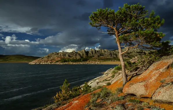 Wallpaper the sky, lake, stones, tree, Kazakhstan, pine, Lake Toraigyr ...