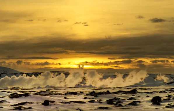 Wallpaper twilight, sunset, steam, winter, rocks, snow, dusk for mobile ...