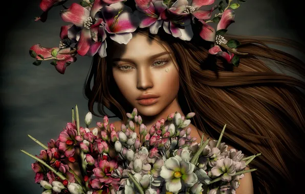 Wallpaper Girl Flowers Face Rendering For Mobile And Desktop