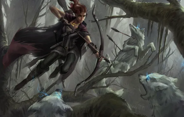 Wallpaper forest, girl, jump, Archer, art, wolves, battle, arrows ...
