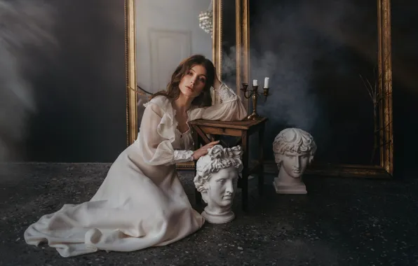 Download wallpaper girl, pose, dress, mirror, statues, on the floor ...