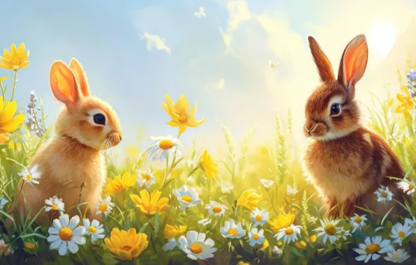 Wallpaper look, flowers, nature, pose, glade, rabbits, rabbits ...