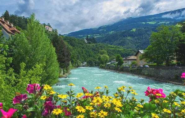 Wallpaper flowers, mountains, river, home, Alps, Italy, South Tyrol ...