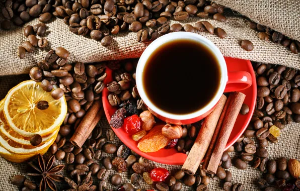 Wallpaper lemon, coffee, Cup, cinnamon, coffee beans, spices for mobile ...