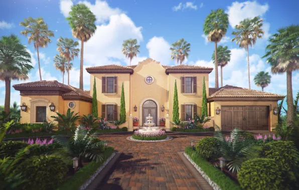 Download wallpaper pavers, yard, fountain, structure, Spain Villa De La ...