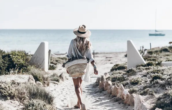 Wallpaper sea, beach, girl, hat for mobile and desktop, section девушки ...
