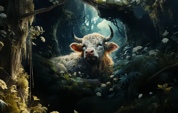 Wallpaper grass, trees, flowers, night, the moon, cows, horns, digital ...