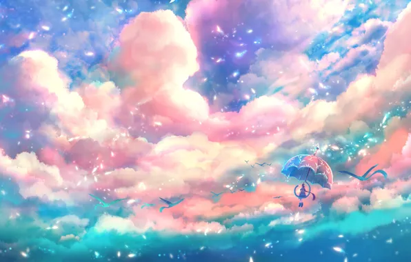 Download wallpaper the sky, girl, birds, umbrella, fantasy, section art ...