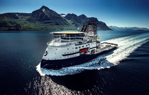 Wallpaper Sea, Mountains, The ship, Island, Vessel, Performer, Offshore ...