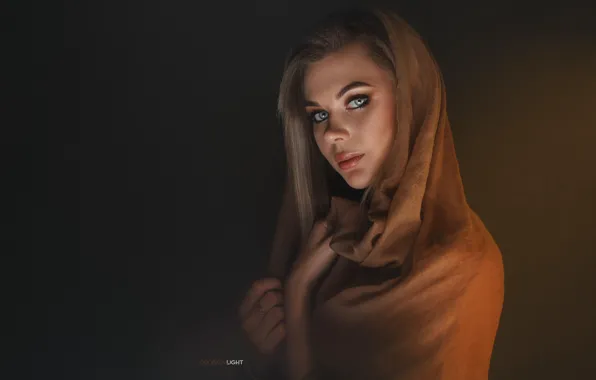 Download Wallpaper Look Girl Face Background Portrait Shawl Alexander Drobkov Light