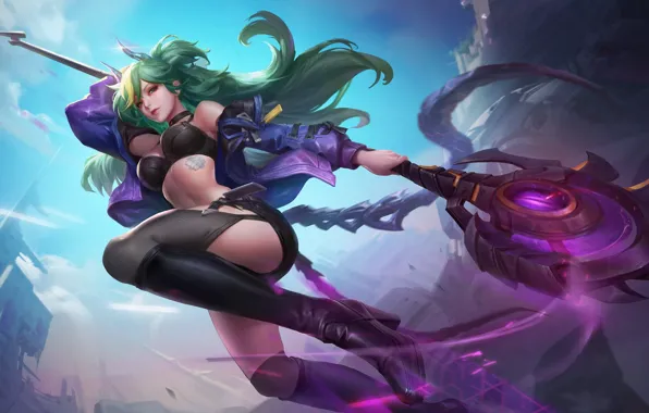 Wallpaper the sky, staff, arena, green hair, beautiful girl, stroke, black stockings, online ...