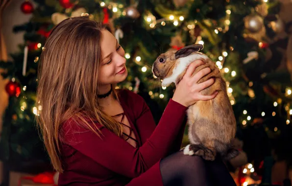 Wallpaper look, girl, lights, pose, smile, new year, hare, rabbit for ...