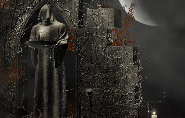 Wallpaper death, rendering, patterns, stone, candles, The moon, figure ...