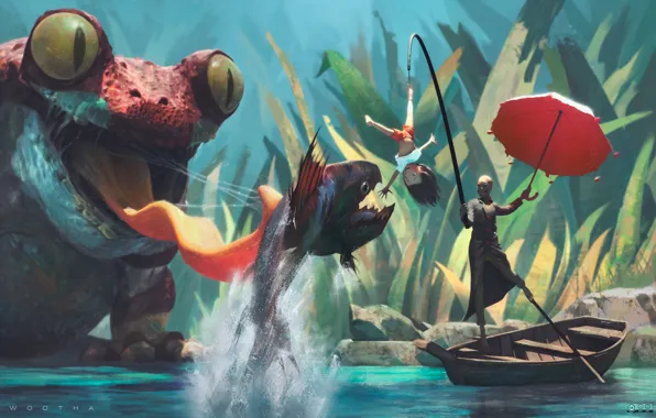 Download wallpaper boat, fish, toad, child, Hunter hunting, section ...